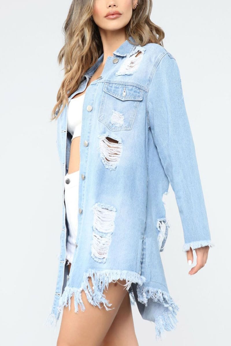 Ripped Medium Length Denim Jacket