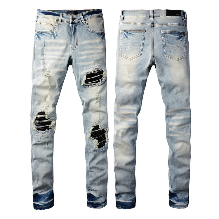 Amiri Jeans denim water-brushed blue ripped pants slim straight leg