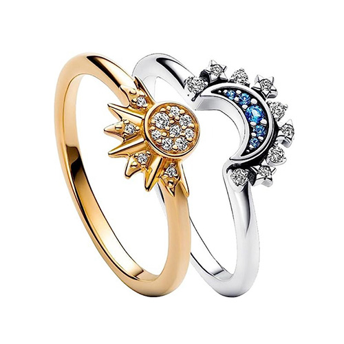 UNE DOUCE Celestial Sun and Moon Ring Set, Shiny Sun Ring/Blue