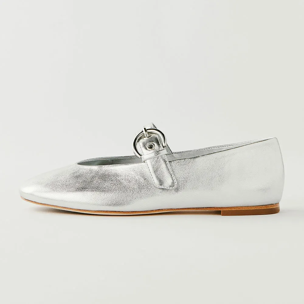 Silver Square Toe Ballet Flats Stylish Buckle Mary Jane Shoes