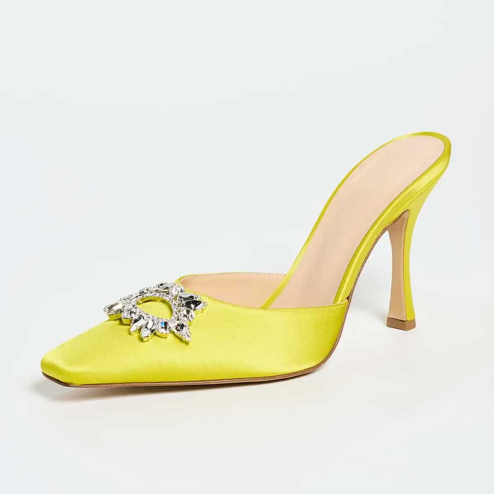 Yellow Square Toe Crystal Embellished Spool Heel Mules Shoes