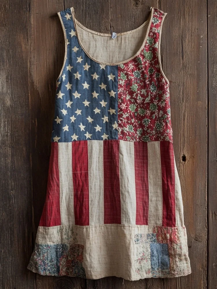Independence Day American Flag Patchwork Linen Tank Top