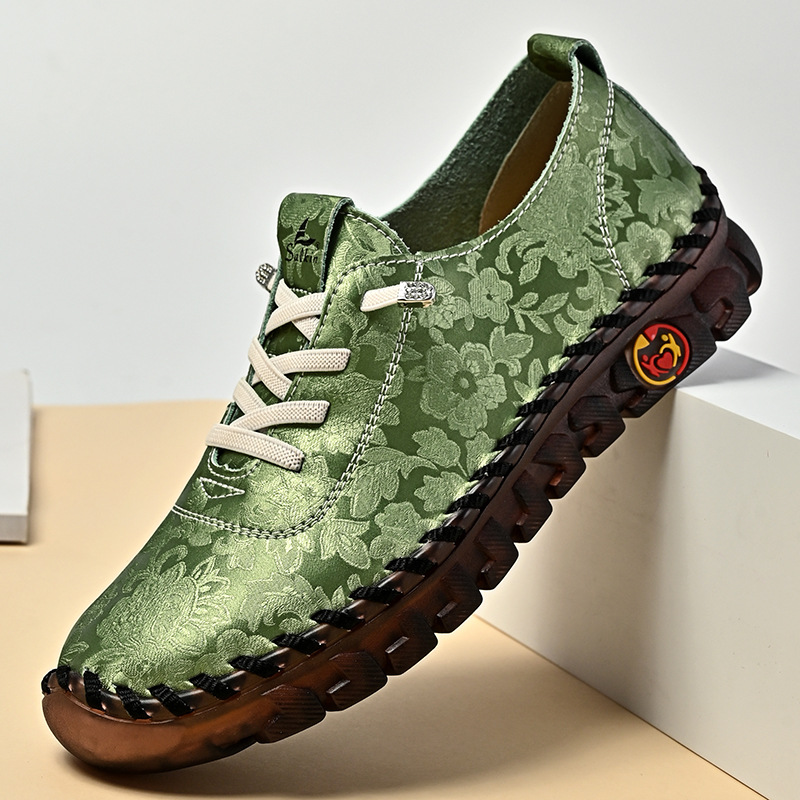 ARKGET | Women's Leather Hand-stitched Soft-sole Lace Up Flower Shoes