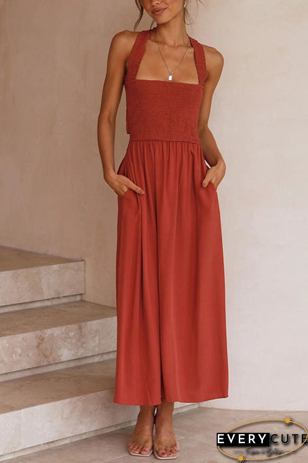 Elastic Shirred Bodice Cross Back Pocket Dress