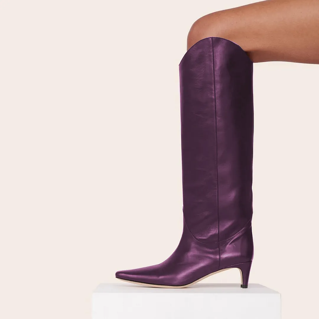 Purple Vegan Leather Square Toe Block Heel Long Boots for Women