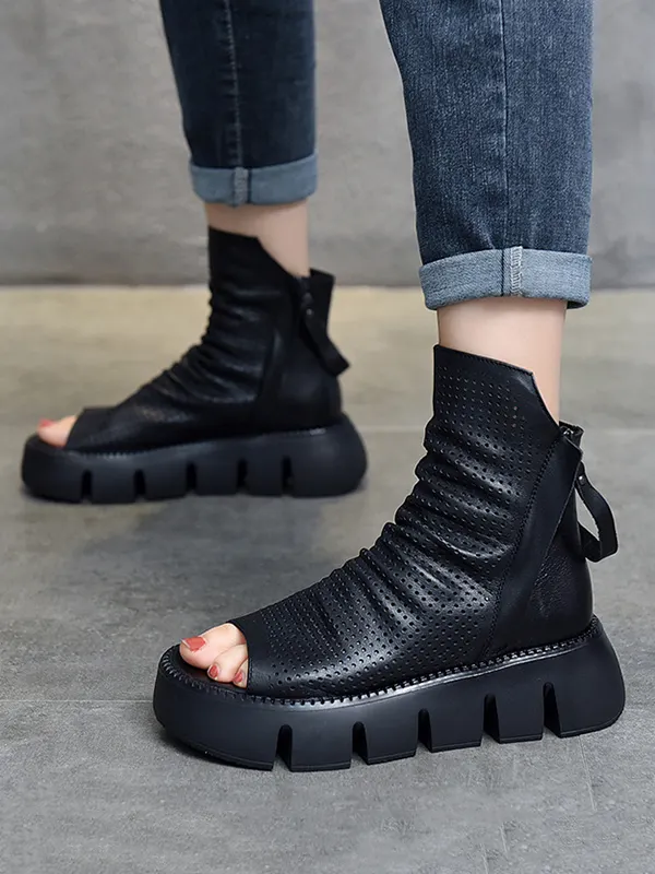 Urban Zipper Hollow Platform Shoes in Sleek Black and Brown