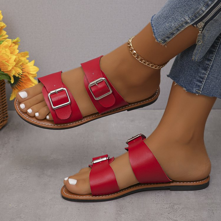 Yyvonne Buckle Flat Bottom Slipper Female Exposed Toe Retro Wind Beach ...