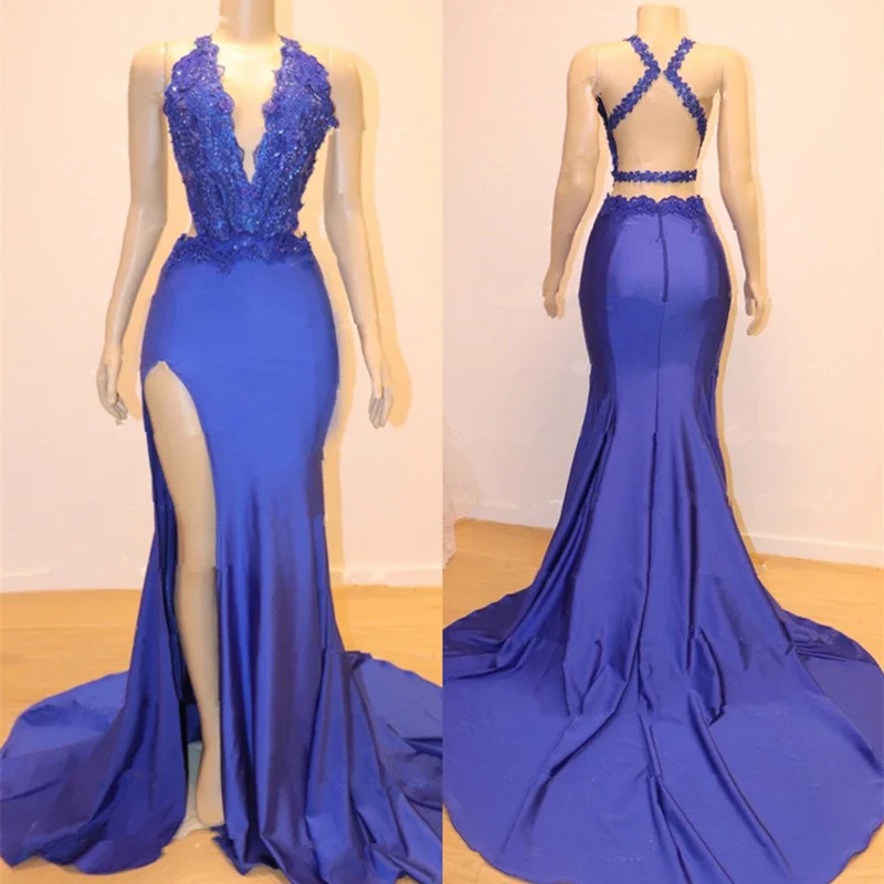 Daisda Mermaid Halter Blue Long Prom Dress Split With Lace Appliques