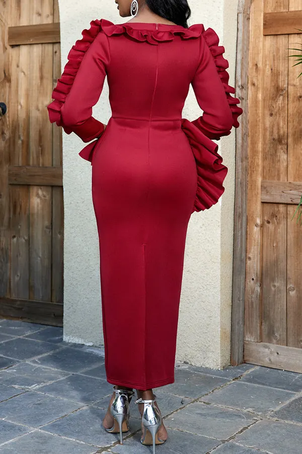 Elegant False Two-Piece Wooden Ear Trim Maxi Dress