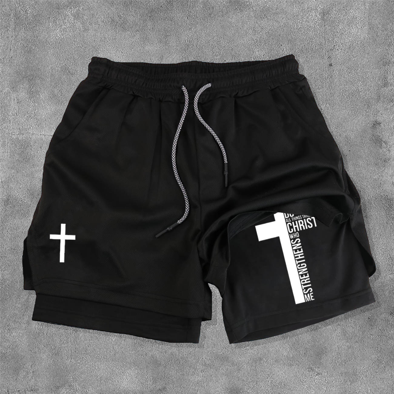 Cross Letters Print Double Layer 2 In 1 Mesh Shorts