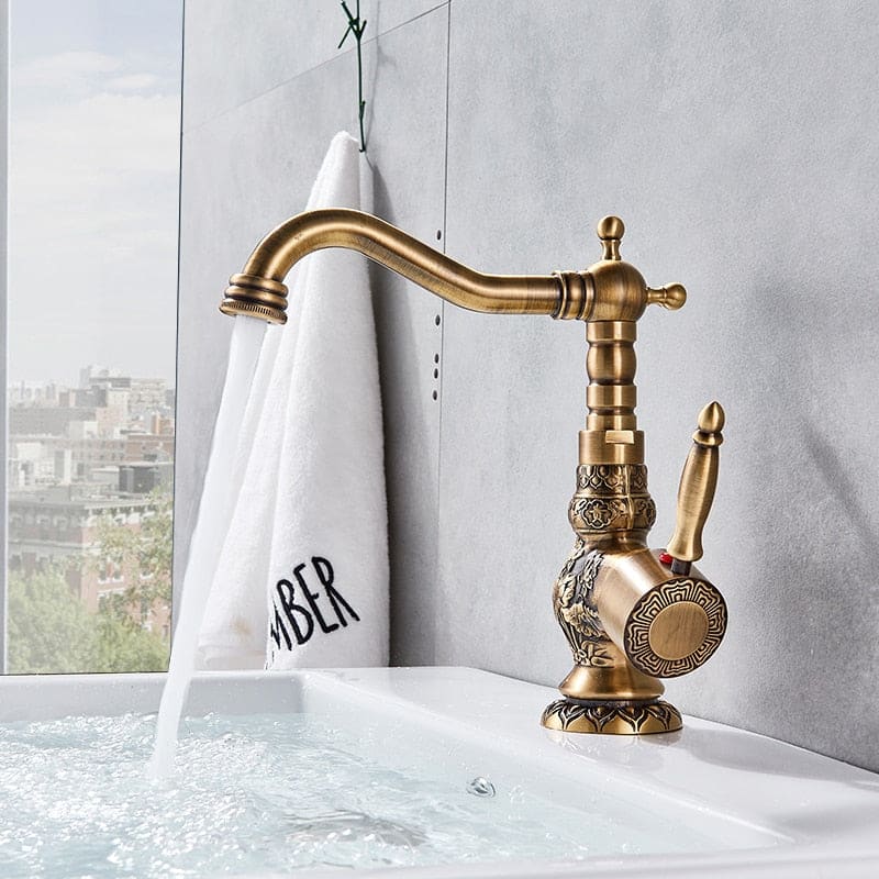 Antique Brass Bathroom Basin Carved Faucet Long Nose Spout Wash Sink ...