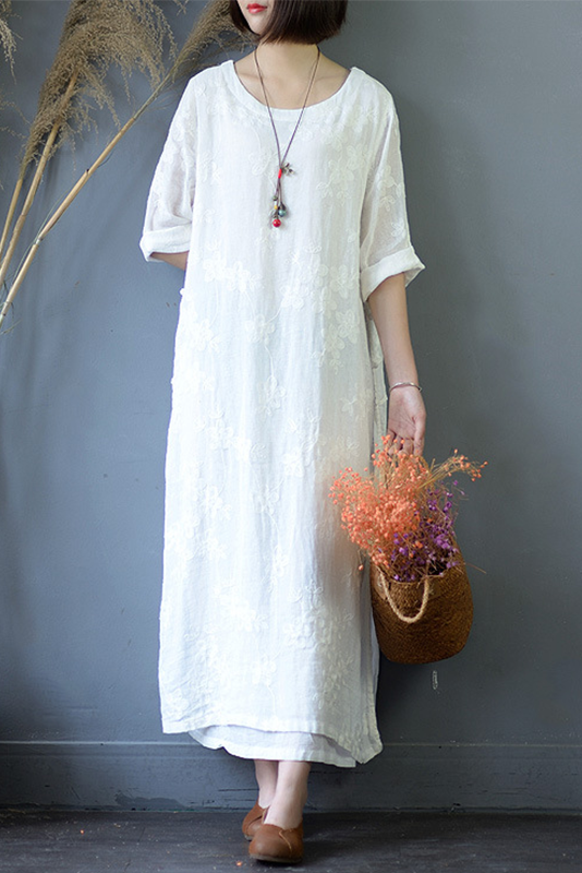 Women's Summer White Ramie Embroidery Dress