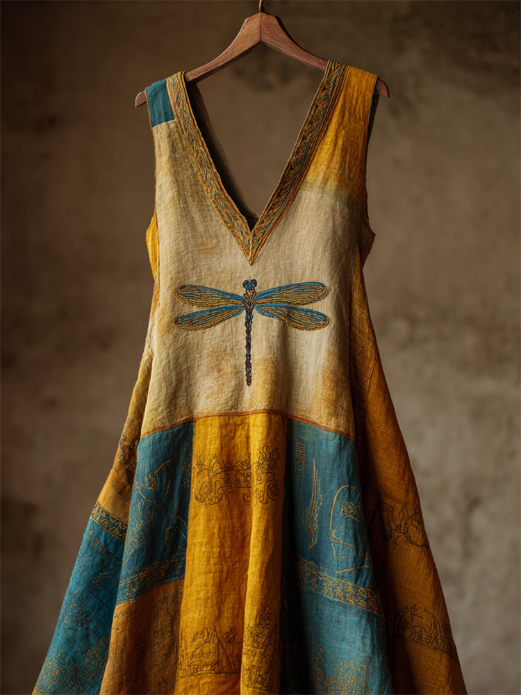 Dragonfly Ancient Egyptian Colorblock Linen Maxi Dress