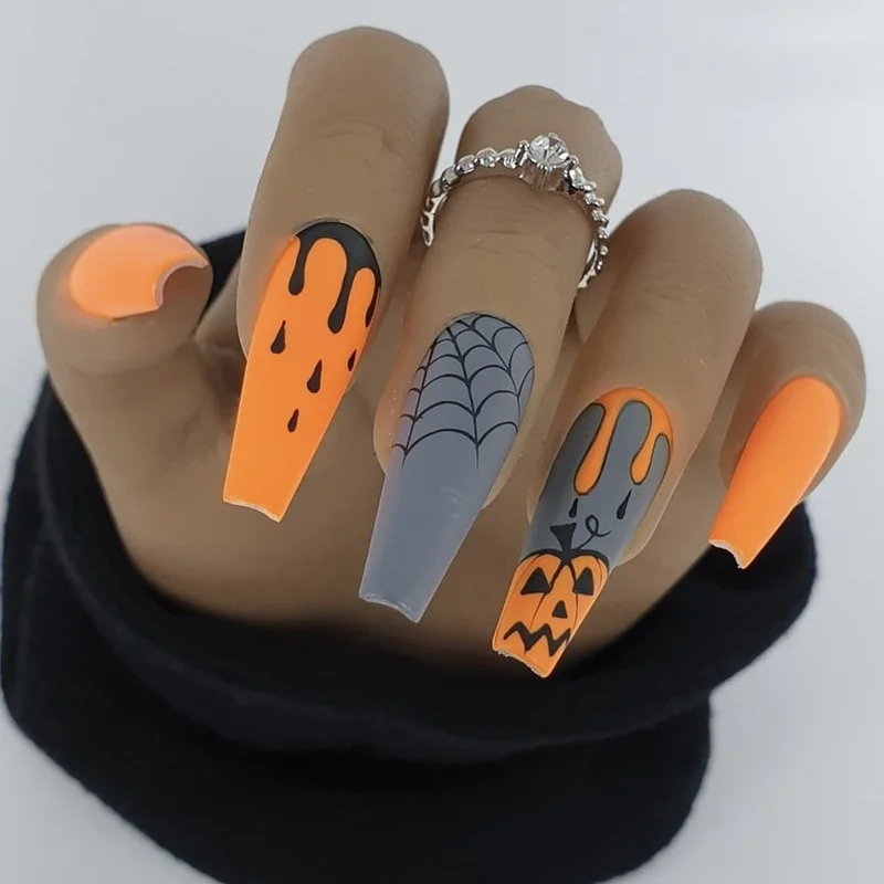 Churchf Halloween False Nails Black Pink Ghost Long Ballet Fake Nails ...