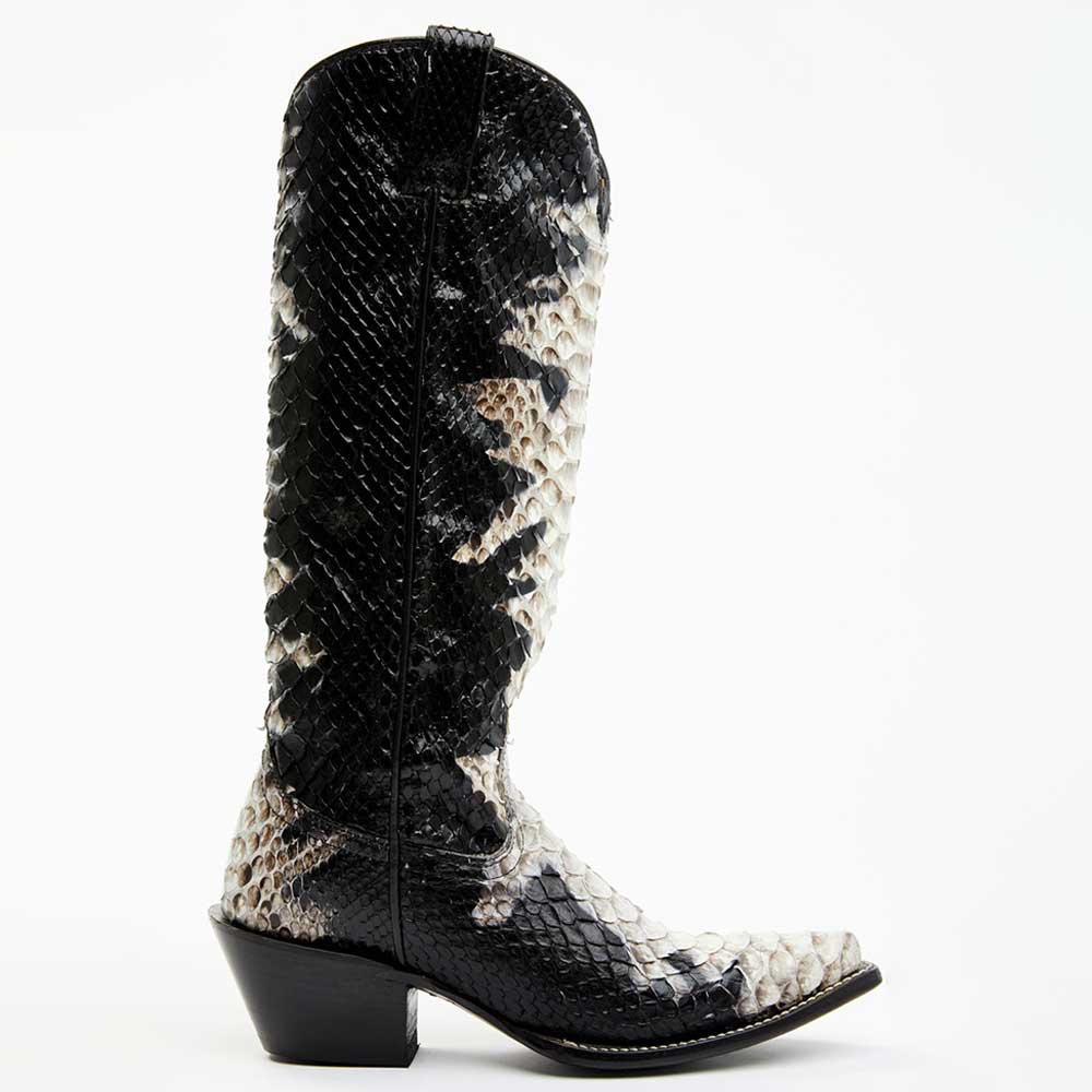 Black Snip Toe Python Western Knee-High Boots with Chunky Heels