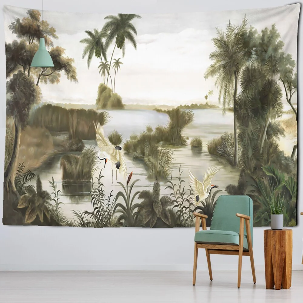 Nigikala Crane Retro Mural Tapestry Wall Hanging Bohemian Tropical ...