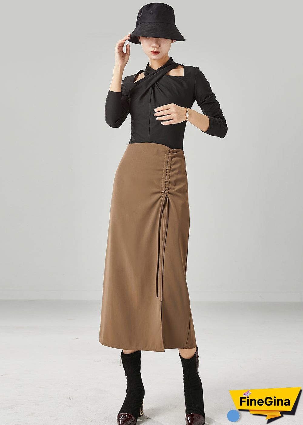 FineGina Slim Fit Coffee Cinched Side Open Chiffon Skirt Summer