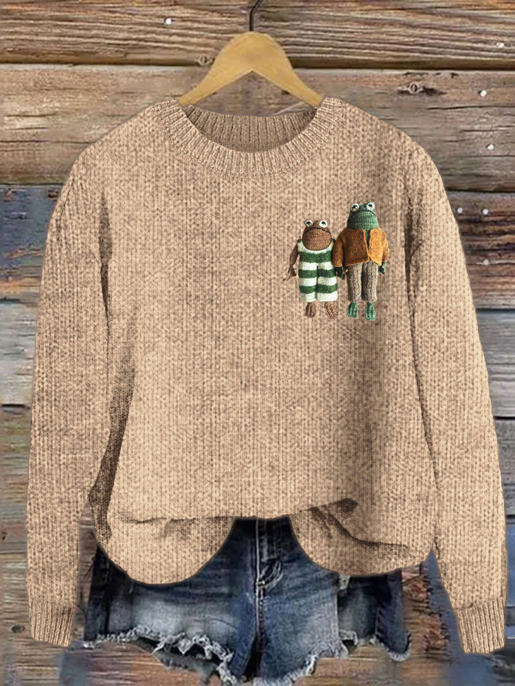 Frog's Friendship Plush Pattern Cozy Sweater