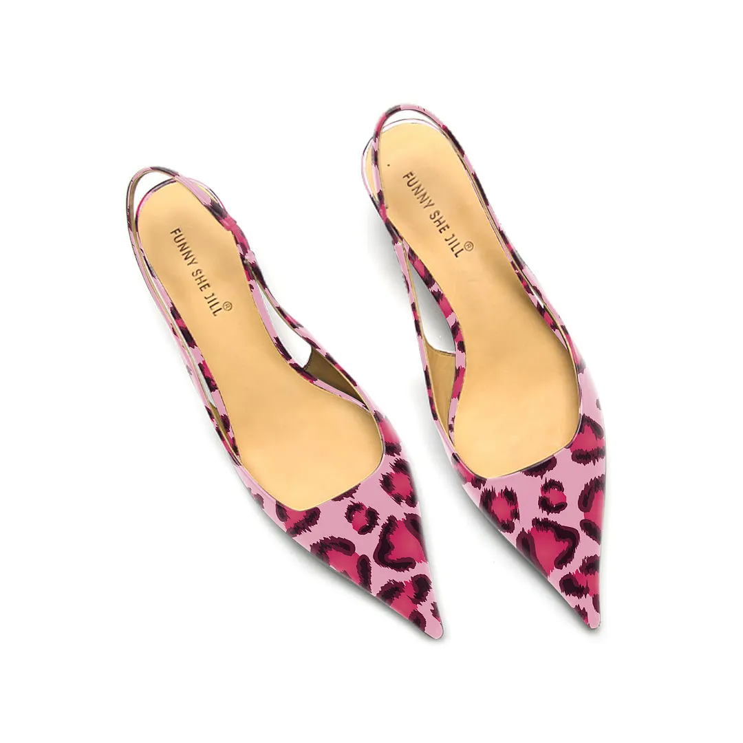 Pink Leopard Print Pointed Toe Kitten Heel Slingback Pumps