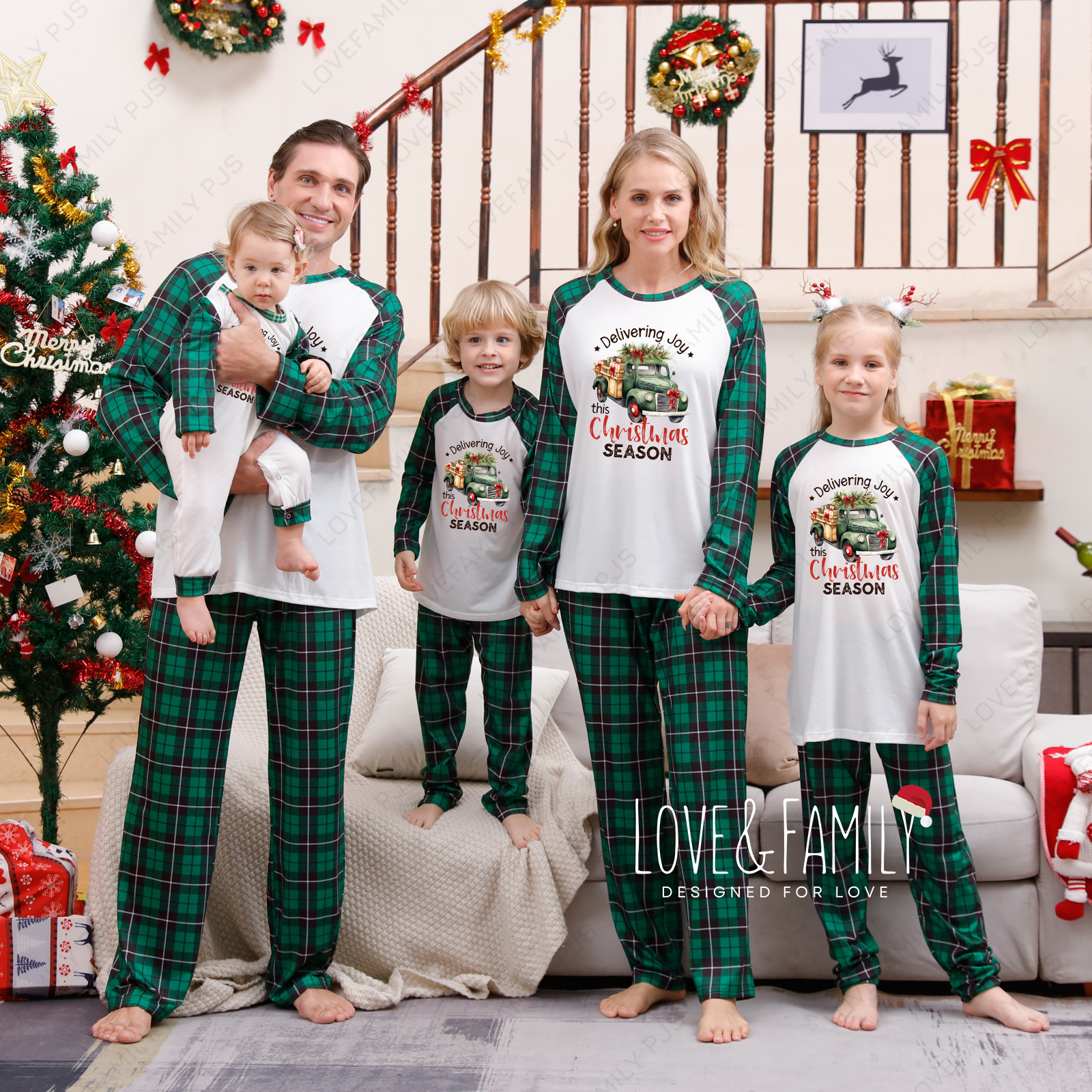 Delivering Joy Christmas Family Matching Pajamas Green Plaids PJS Set