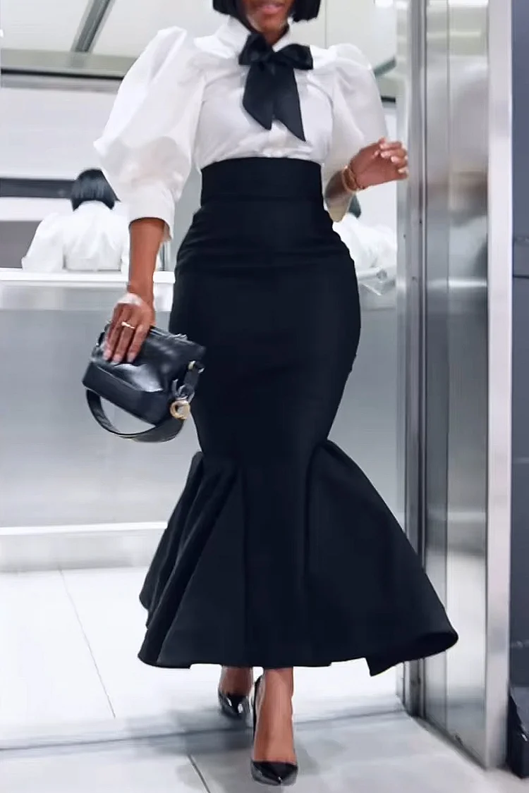 Plus Size Business Casual Black Elegant Shirt Collar Lantern Sleeve 3/4 ...