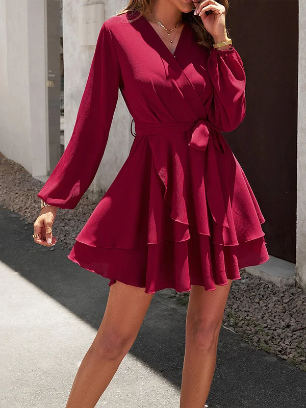 Elegant A-Line High-Waisted Ruffled Solid Color V-Neck Mini Dresses