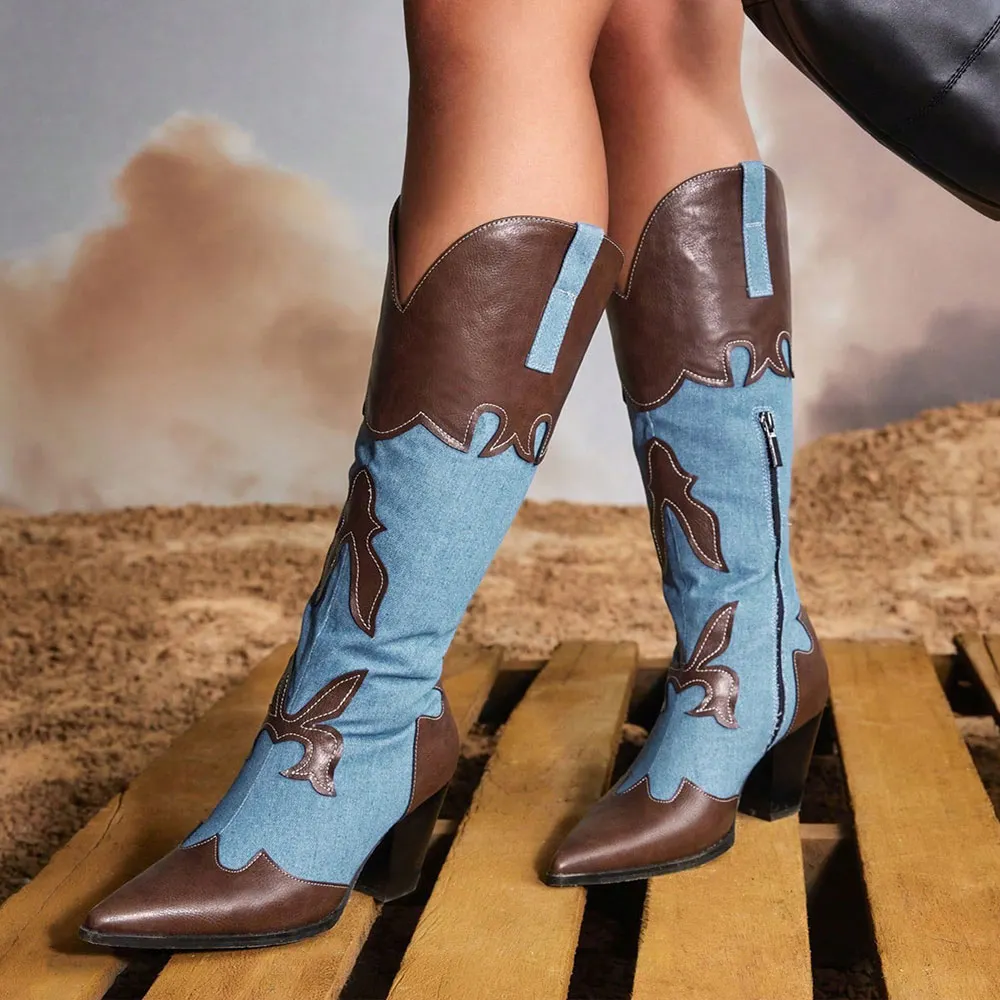 Blue & Brown Denim Pointy Toe Block Heel Patchwork Knee-High Boots