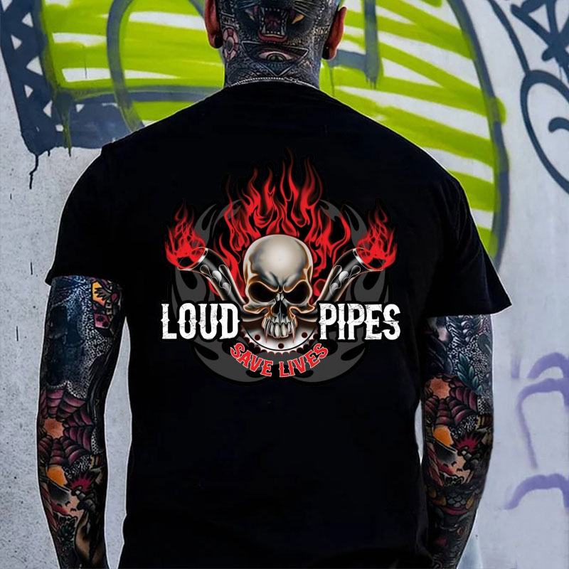 LOUD PIPES Angry Skull with Fire Black Print T-Shirt