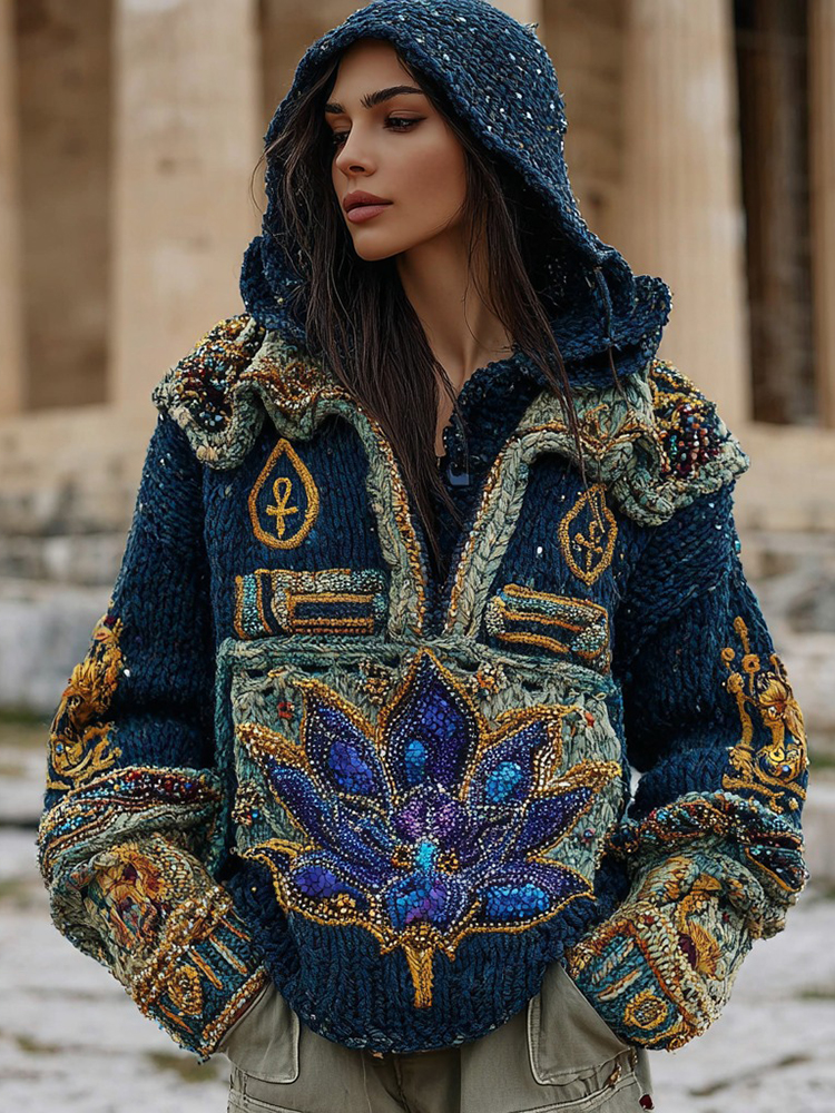 Women's Vintage Ancient Egyptian Ankh And Lotus Knit Half-zip Hooded ...