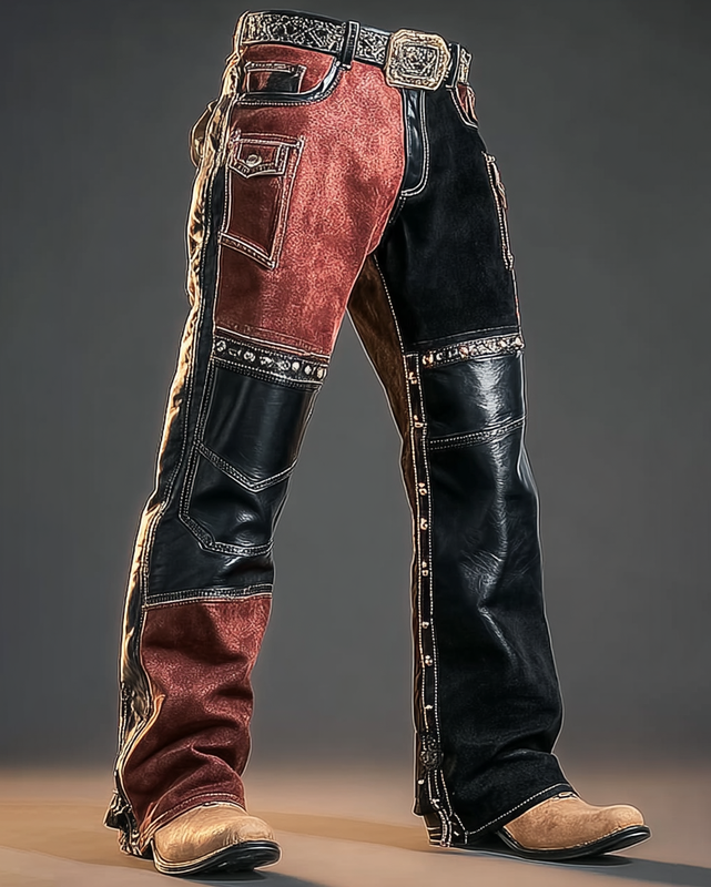 Men's Punk Patchwork Contrast Leather Pants 682e