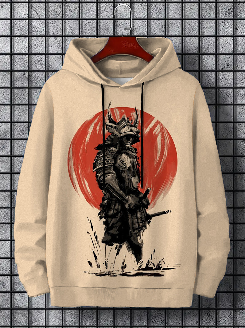 Men's Red Sun And Armour Samurai Ink Art Print Hoodie