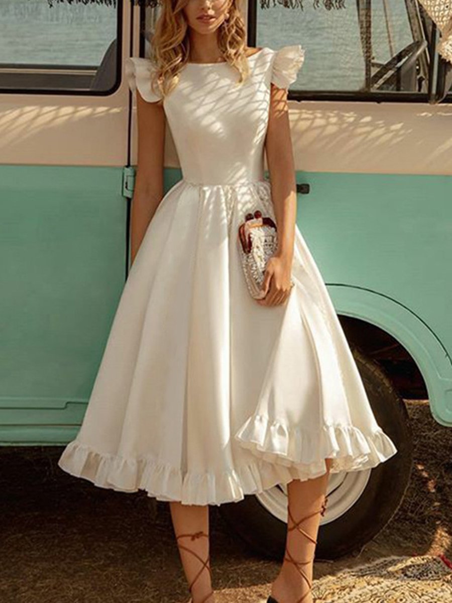 Lace-sleeved Open Back Solid Color Gown