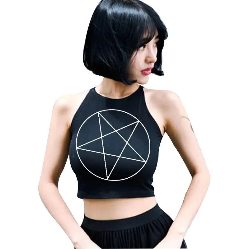 Uveng Crop Top Womens Gothic Symbols Pentagram Printing Cropped Tank ...