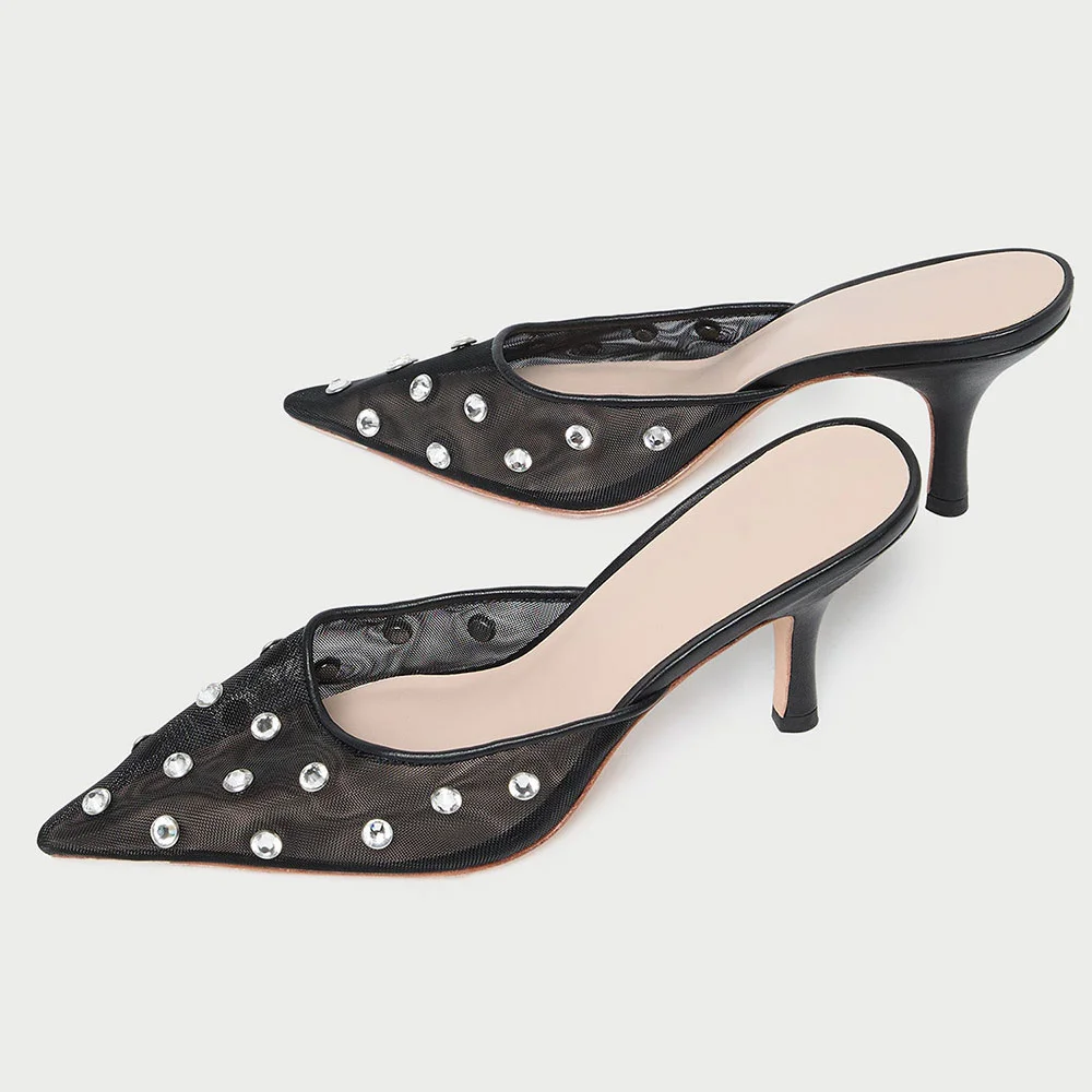 Women's Black Pointed Toe Rhinestone Embellished Mesh Mule Heels