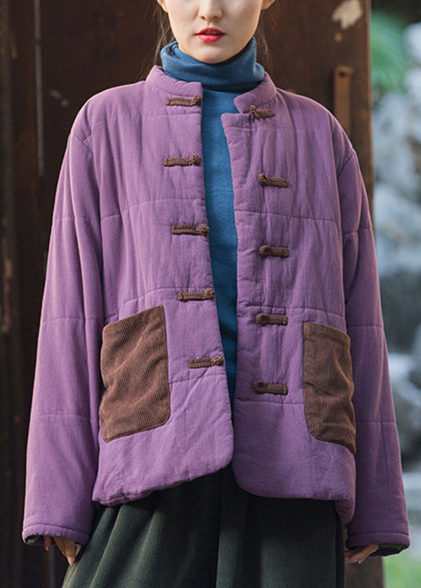 Chinese Style Purple Pockets Oriental Button Fine Cotton Filled Jacket ...