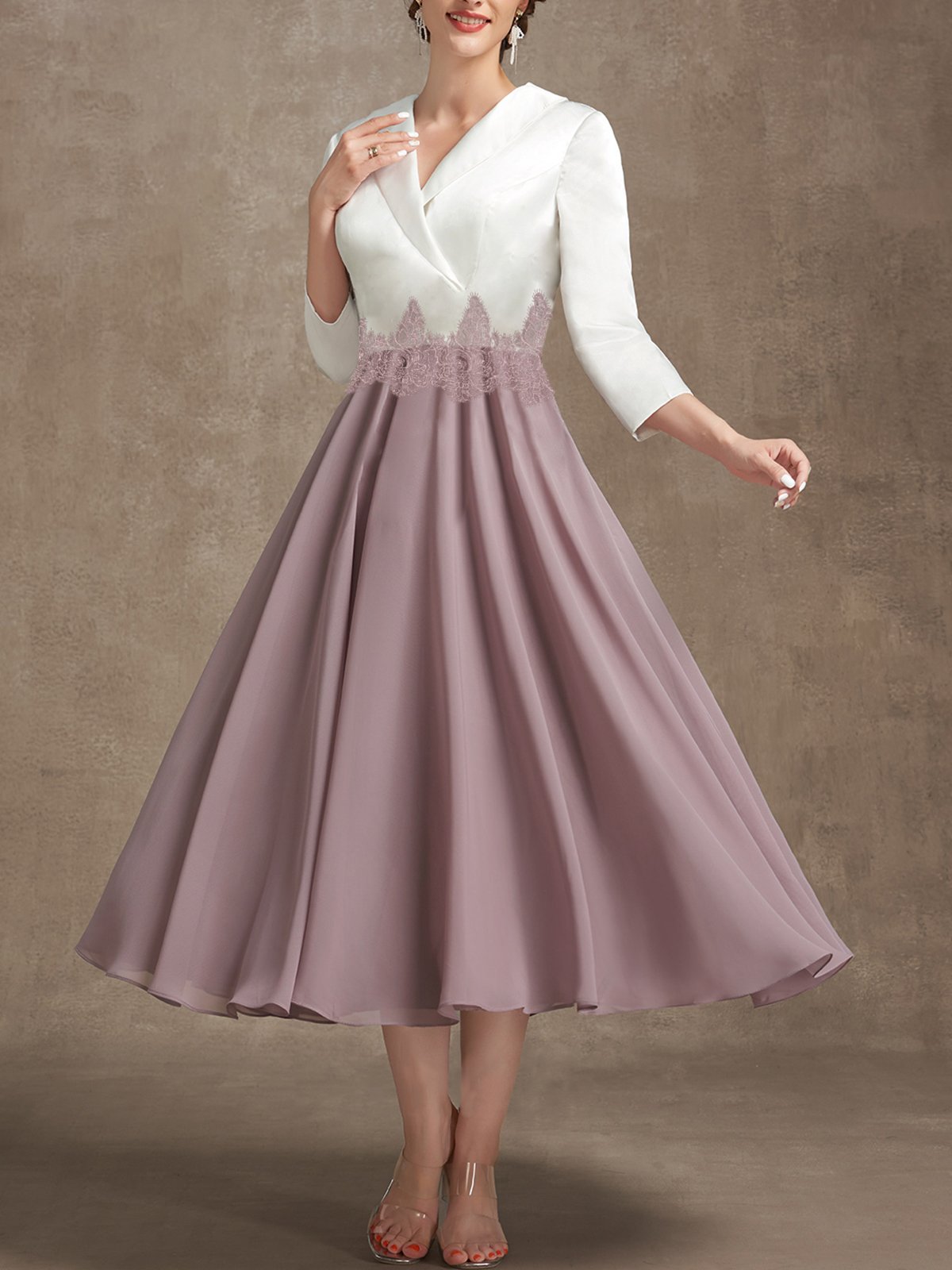 Color Block Regular Fit Elegant Three Quarter Sleeve Party Dress