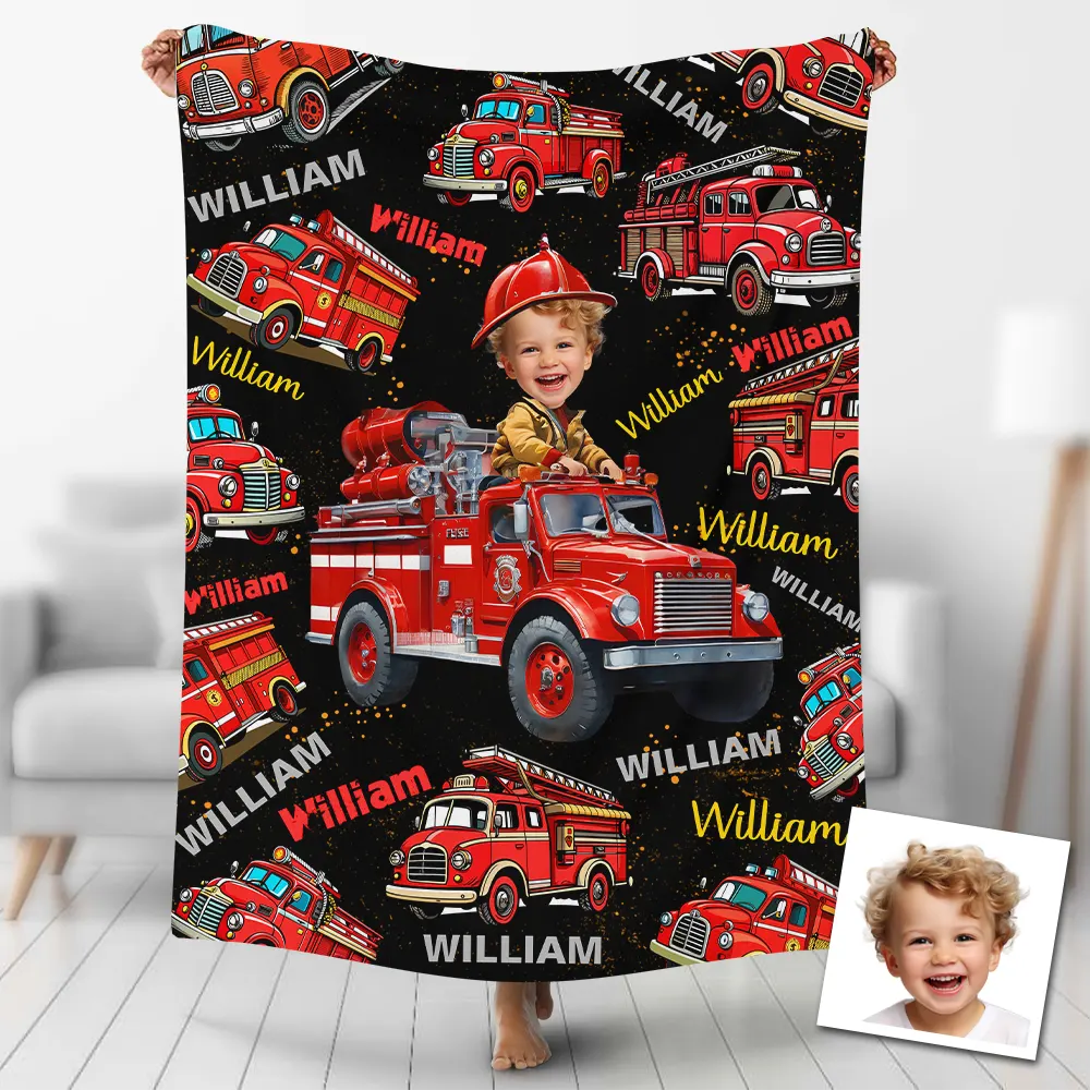 Custom Blankets Personalized Creative Boy Riding Fire Engine Blanket