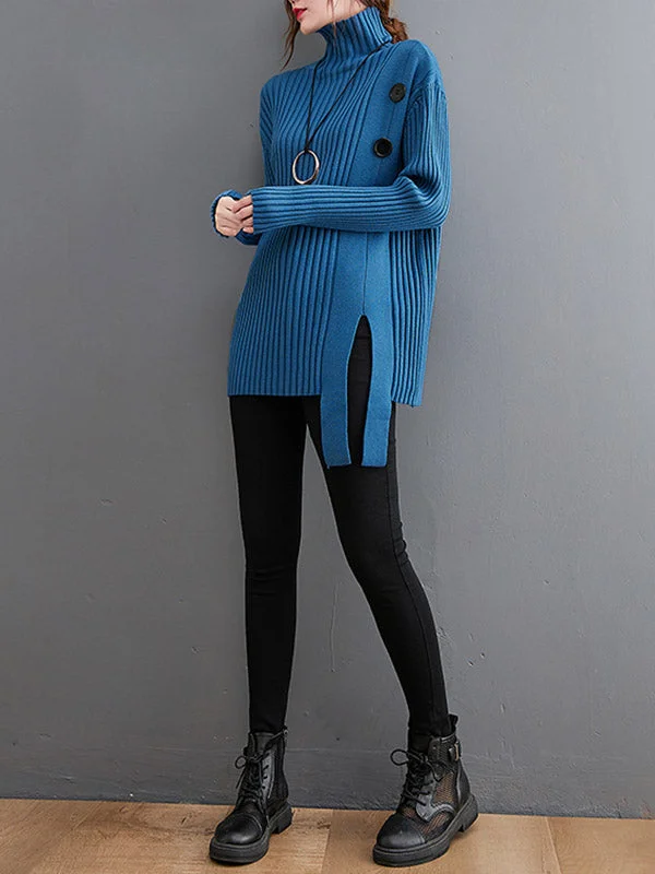 Urban Buttoned Split-Side Asymmetric Split-Joint High-Neck Sweater