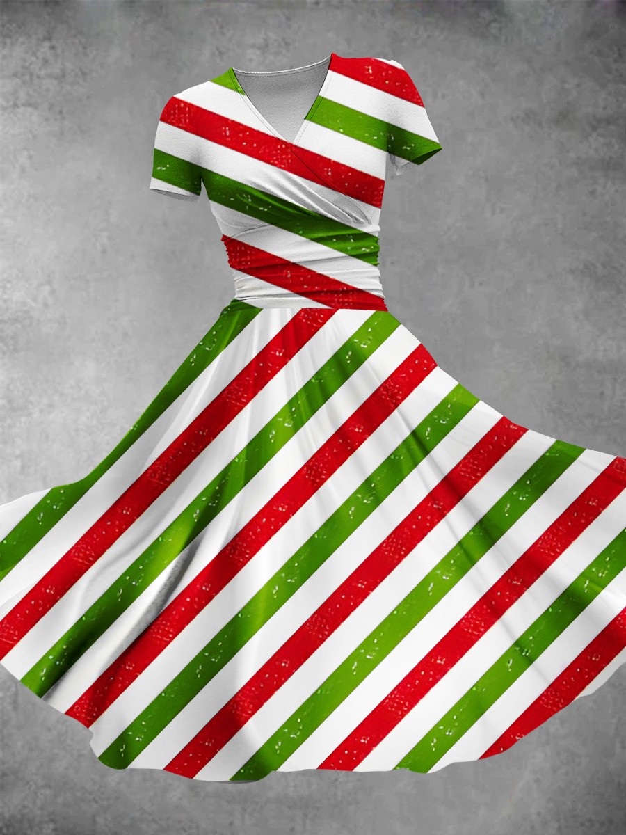 Women's Christmas Red Green White Stripes Design Maxi Dress