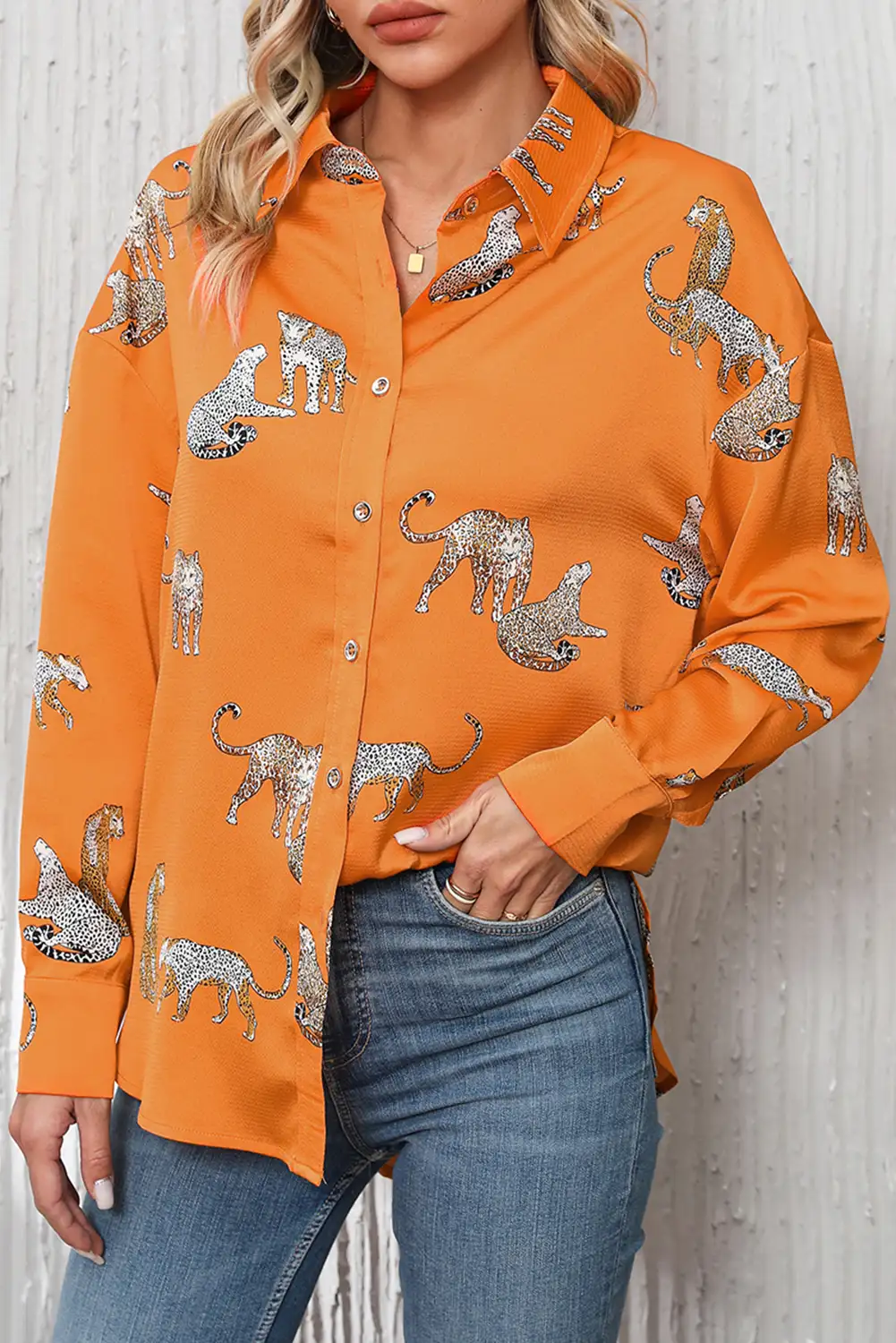 russet orange cheetah satin shirt