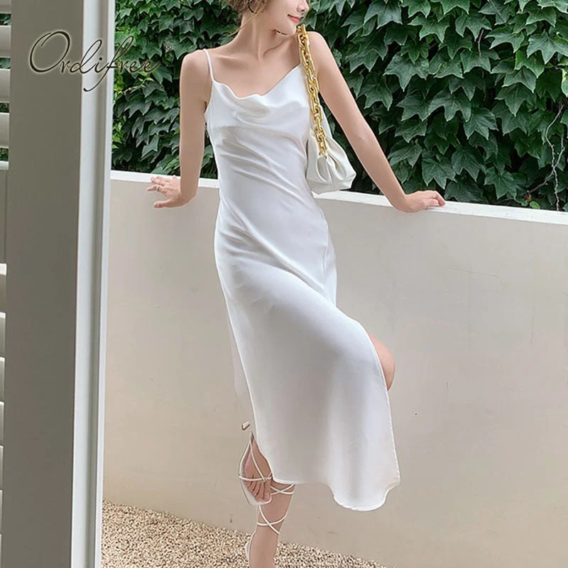 Ordifree 2022 Summer Women White Satin Dress Sexy Slit Spaghetti Strap