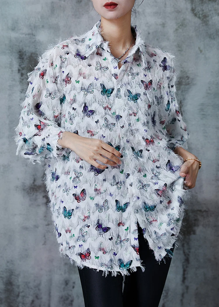 Unique Multicolour Butterfly Tasseled Cotton Tops Summer