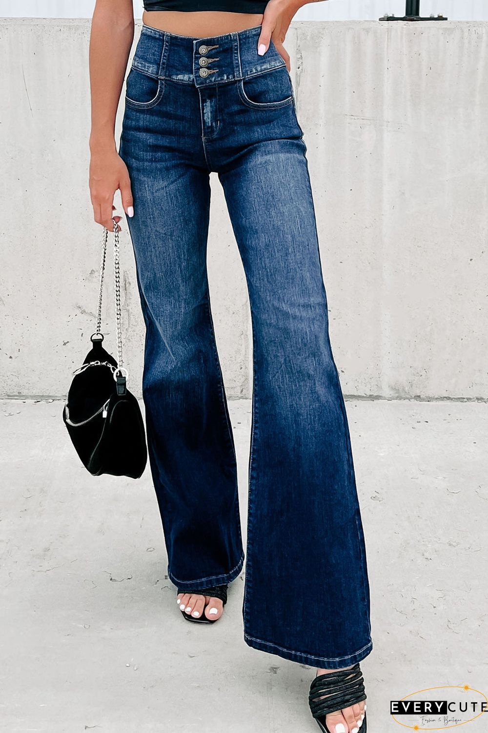 Blue Buttons Elastic Wide Waistband Back Flare Jeans