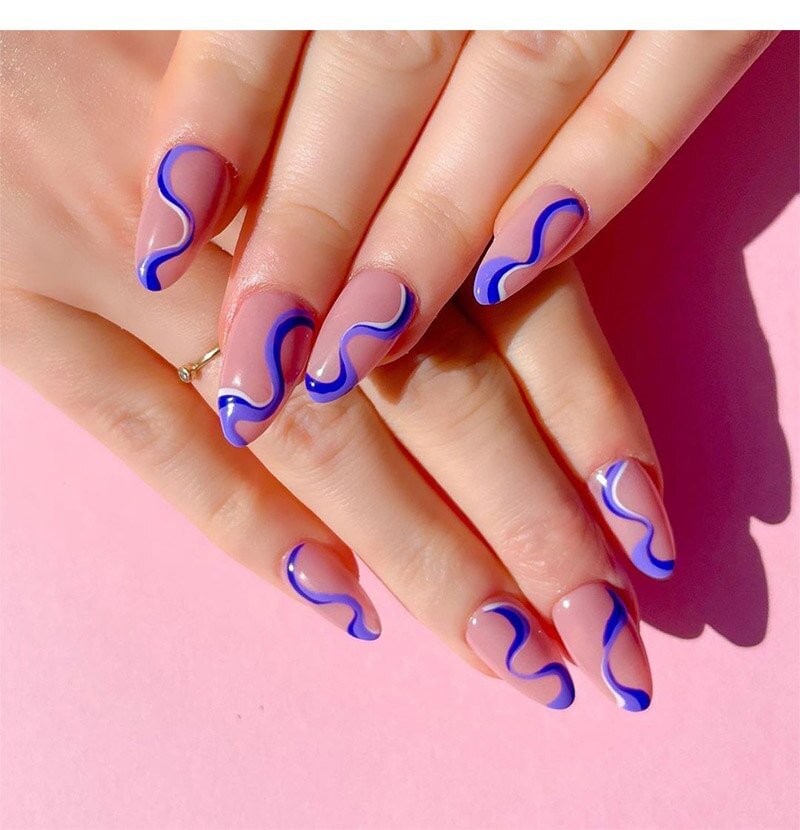24pcs French False Nails Wave Design Fake Nails Summer Style Gradient ...