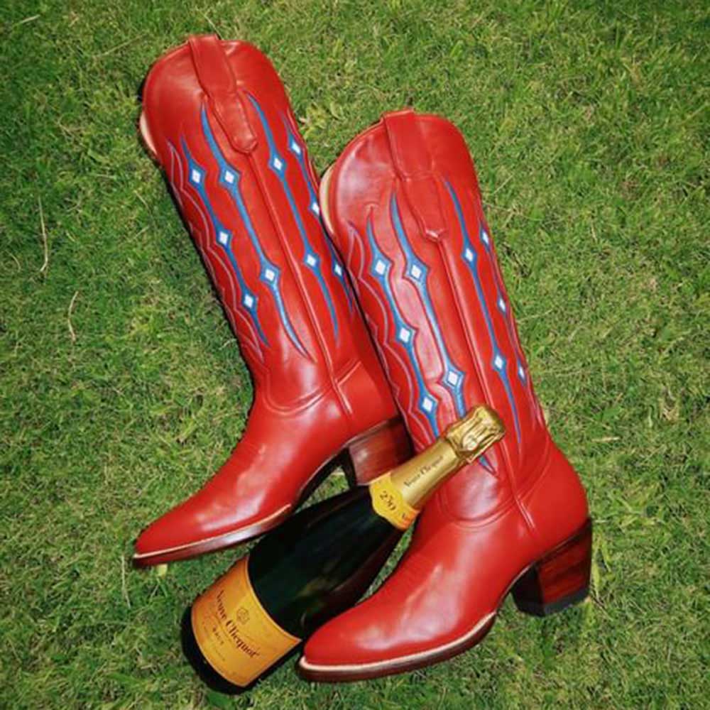 Red Pointed Toe Block Heel Wide Calf Knee High Cowboy Boots