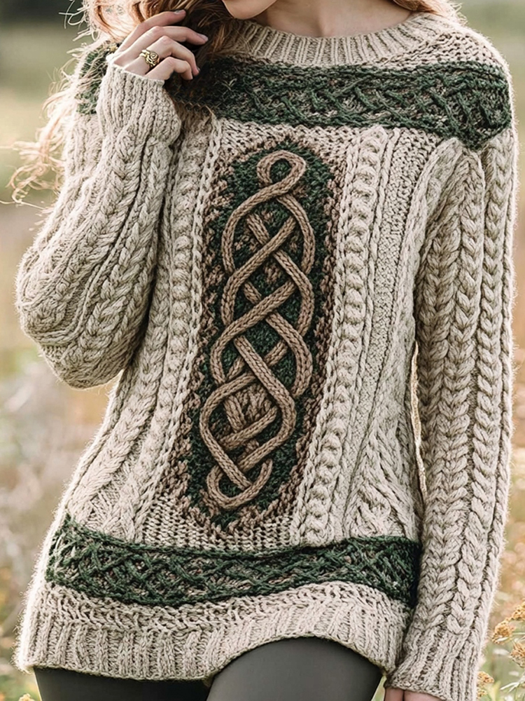 Women's Irish Celtic Knot Jacquard Contrast Sweater