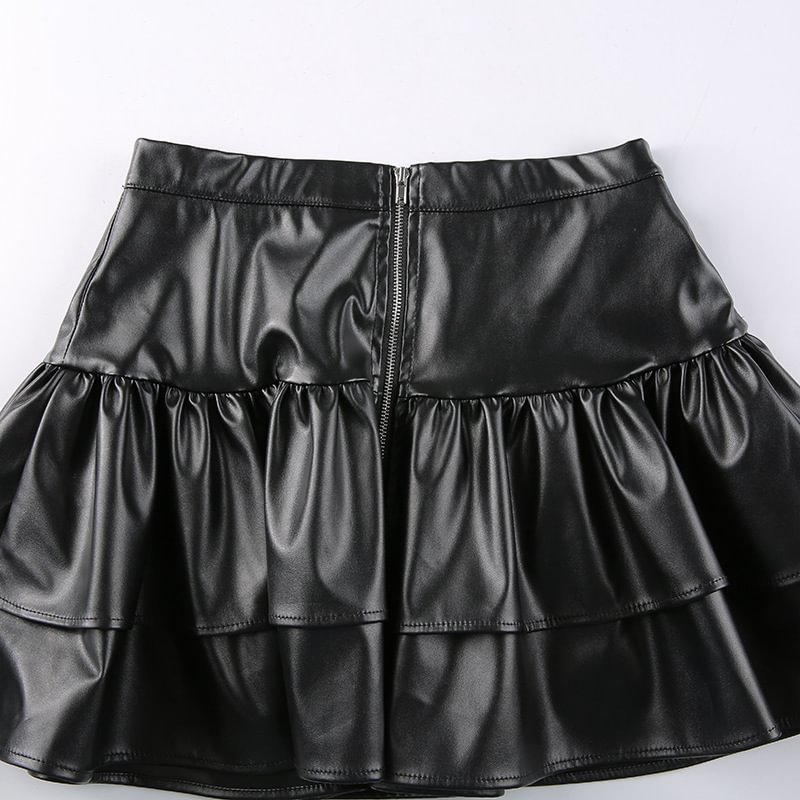 DOUBLE LAYER RUFFLED LACE UP LEATHER SKIRT