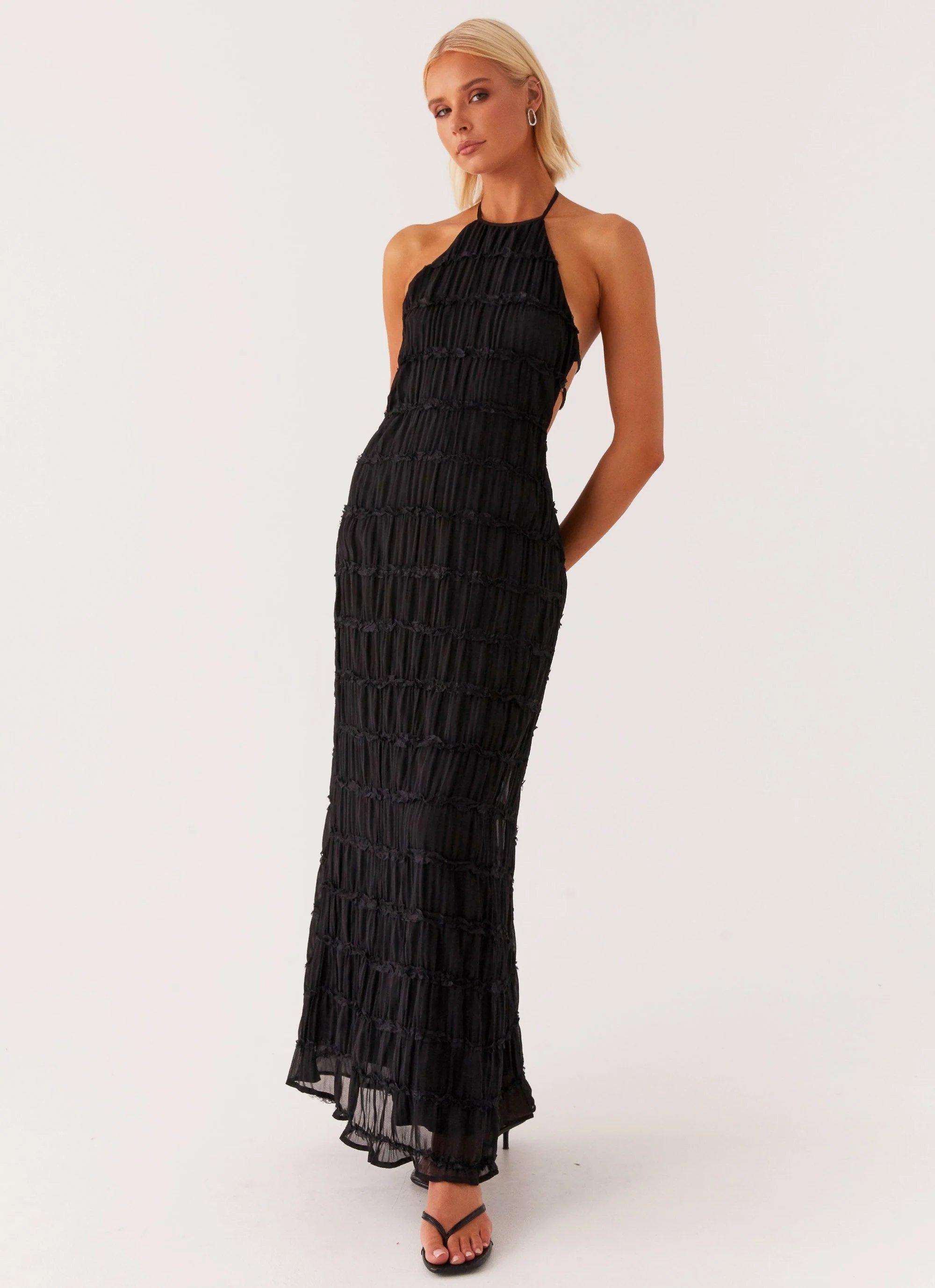 Designer Backless Dress | Fluid Ruffle Hem