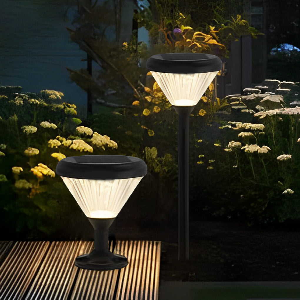 Round Solar LED Outdoor Lights in Black with Ribbed Lampshade