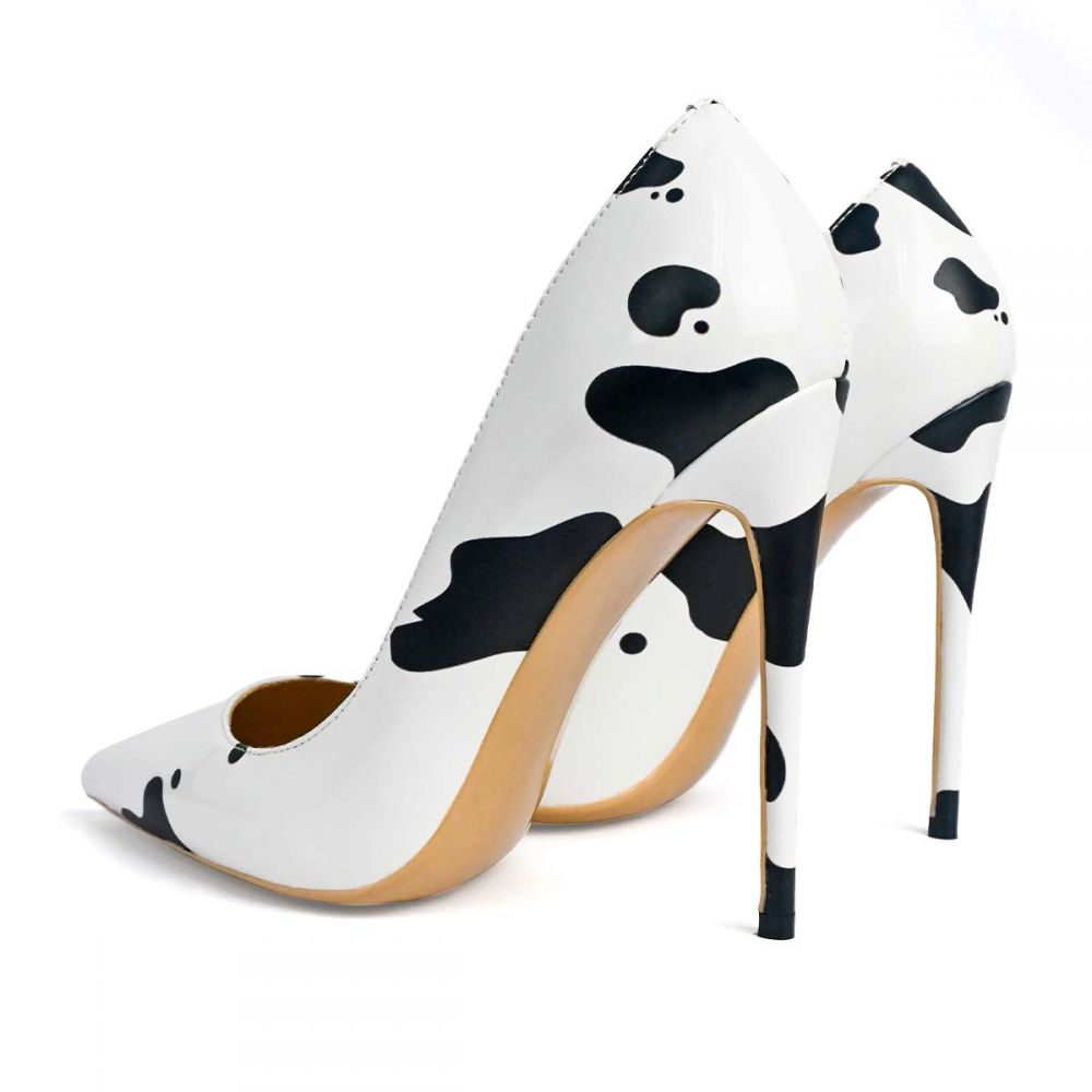 Black & White Cow Print Pointed Toe Stiletto Heel Pumps for Women